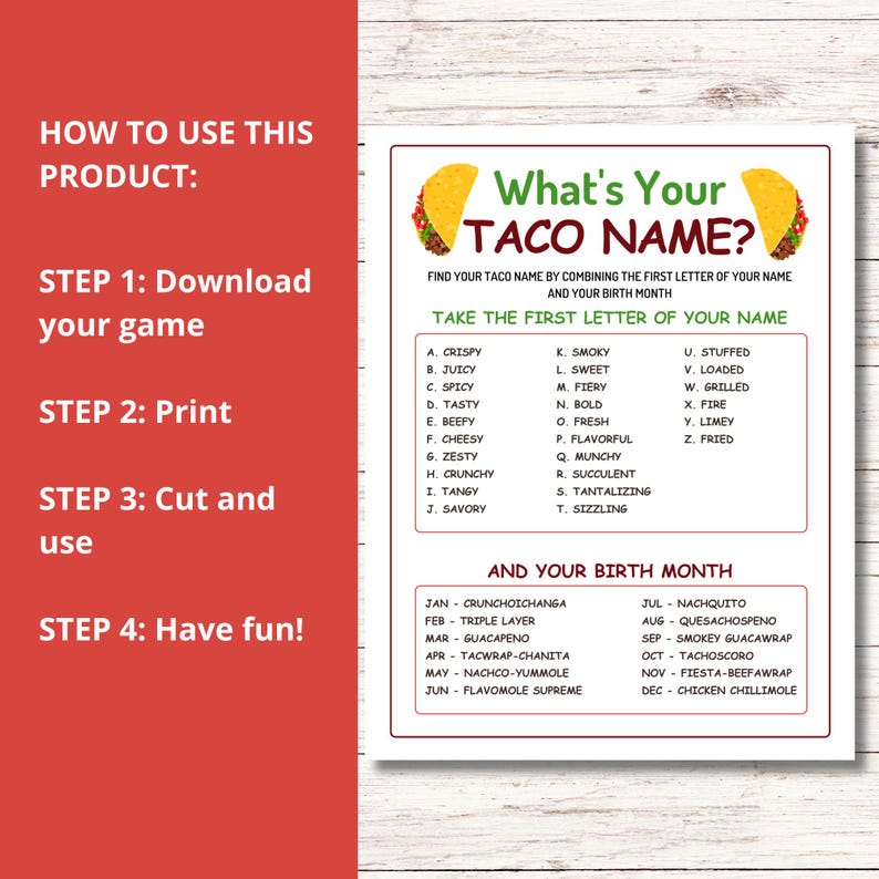 What's Your Taco Name Game With Name Tags, Printable Taco Name ...