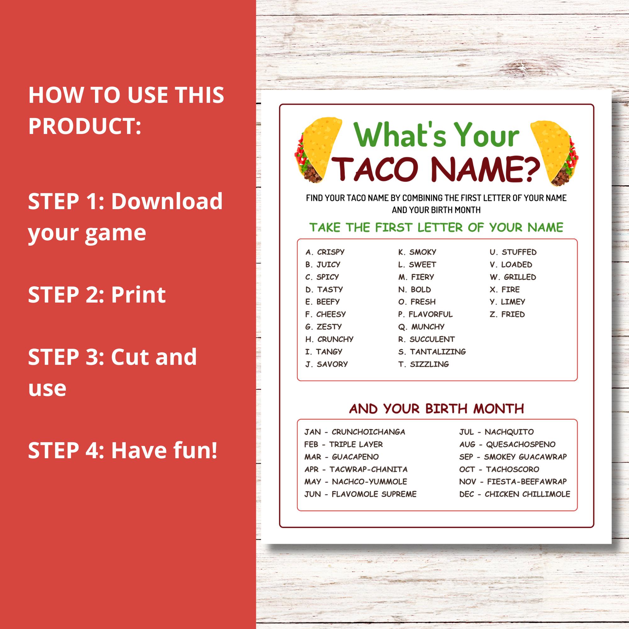 What's Your Taco Name Game With Name Tags, Printable Taco Name ...