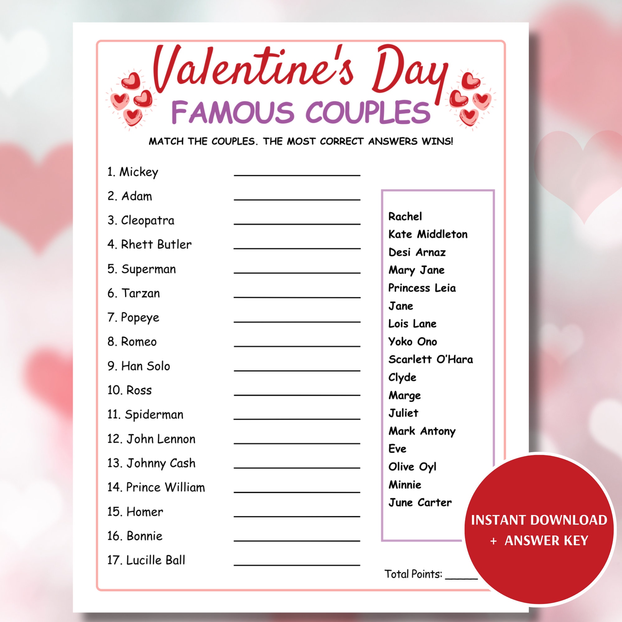 Valentine's Day Famous Couples Game, Printable Valentine's Day Games ...