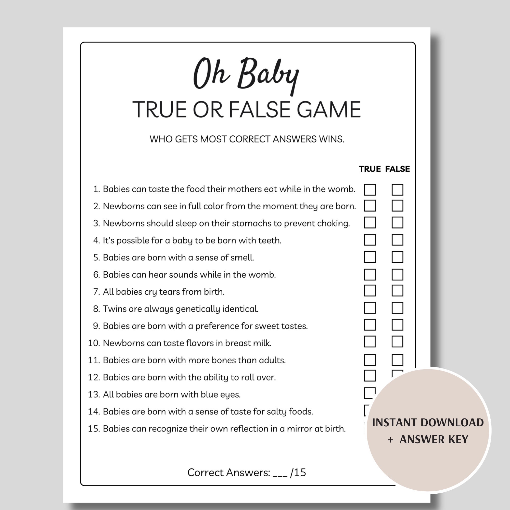 True or False Baby Shower Game, Printable Baby Shower True or False ...