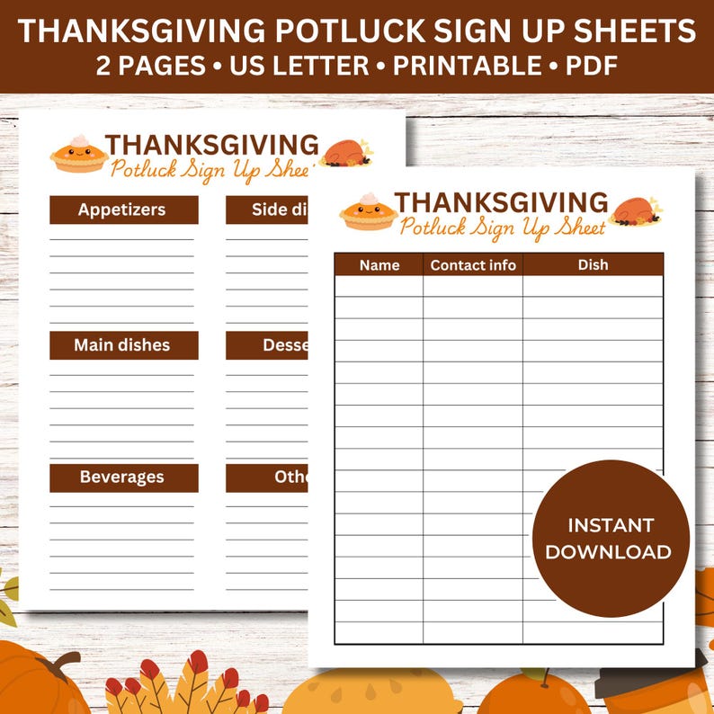 Thanksgiving Potluck Sign up Sheet Printable PDF, Thanksgiving Dinner ...