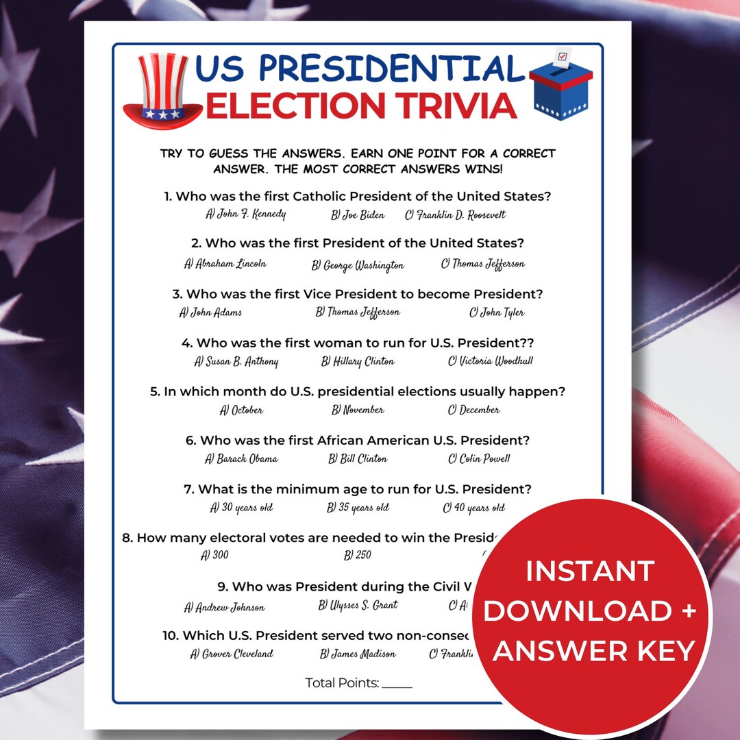 US Presidential Election Trivia Game, Printable Election Day Trivia, US ...