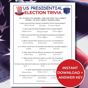 US Presidential Election Trivia Game, Printable Election Day Trivia, US ...