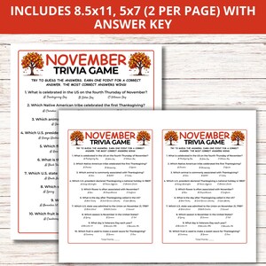 November Trivia Game, Printable November Quiz, Fall Party Games, Fall ...