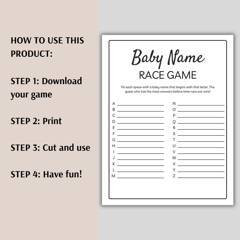 Baby Name Race Game, Printable Alphabet Baby Name Game, Baby Fun Baby ...