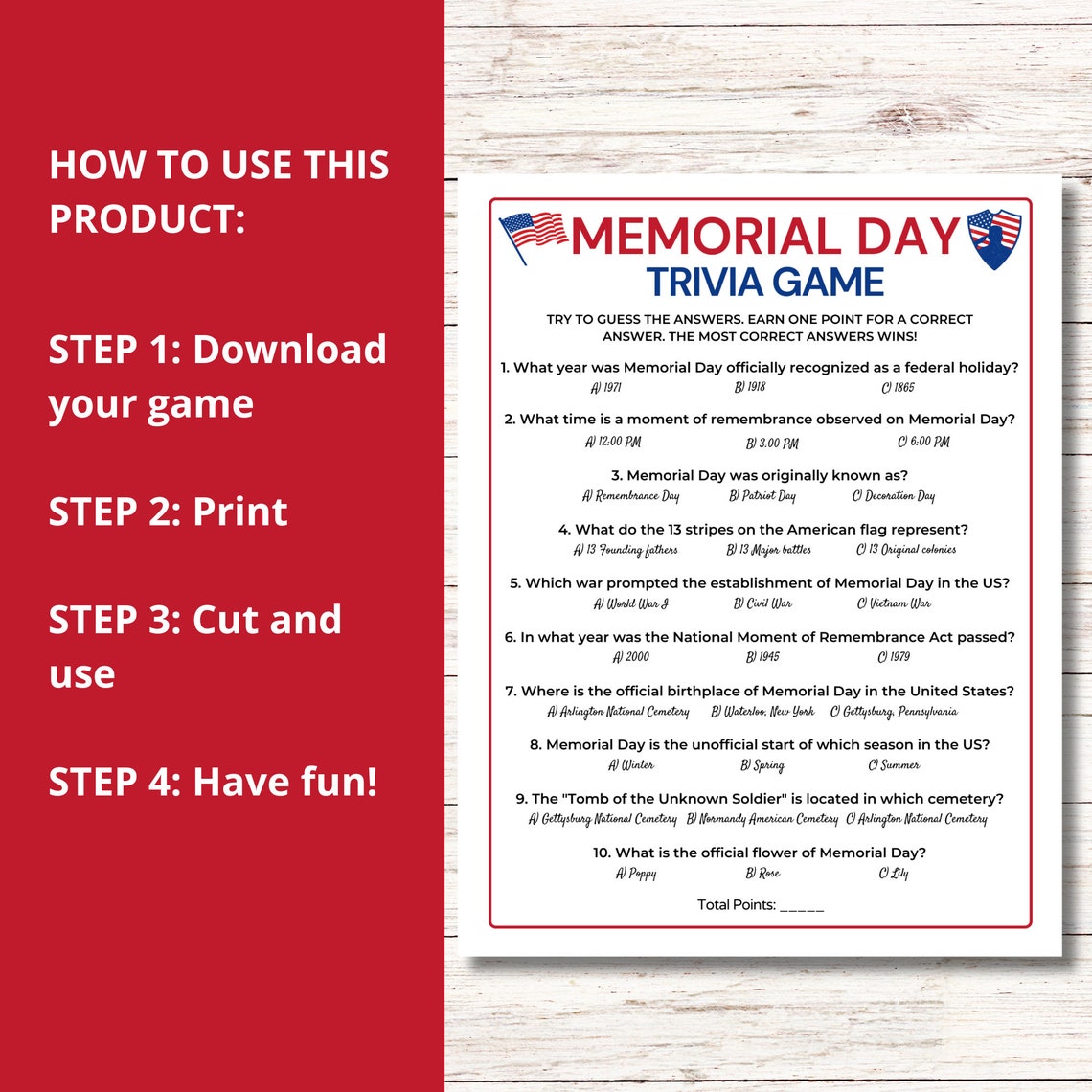 Memorial Day Trivia Game, Printable Memorial Day Game for Kids and ...