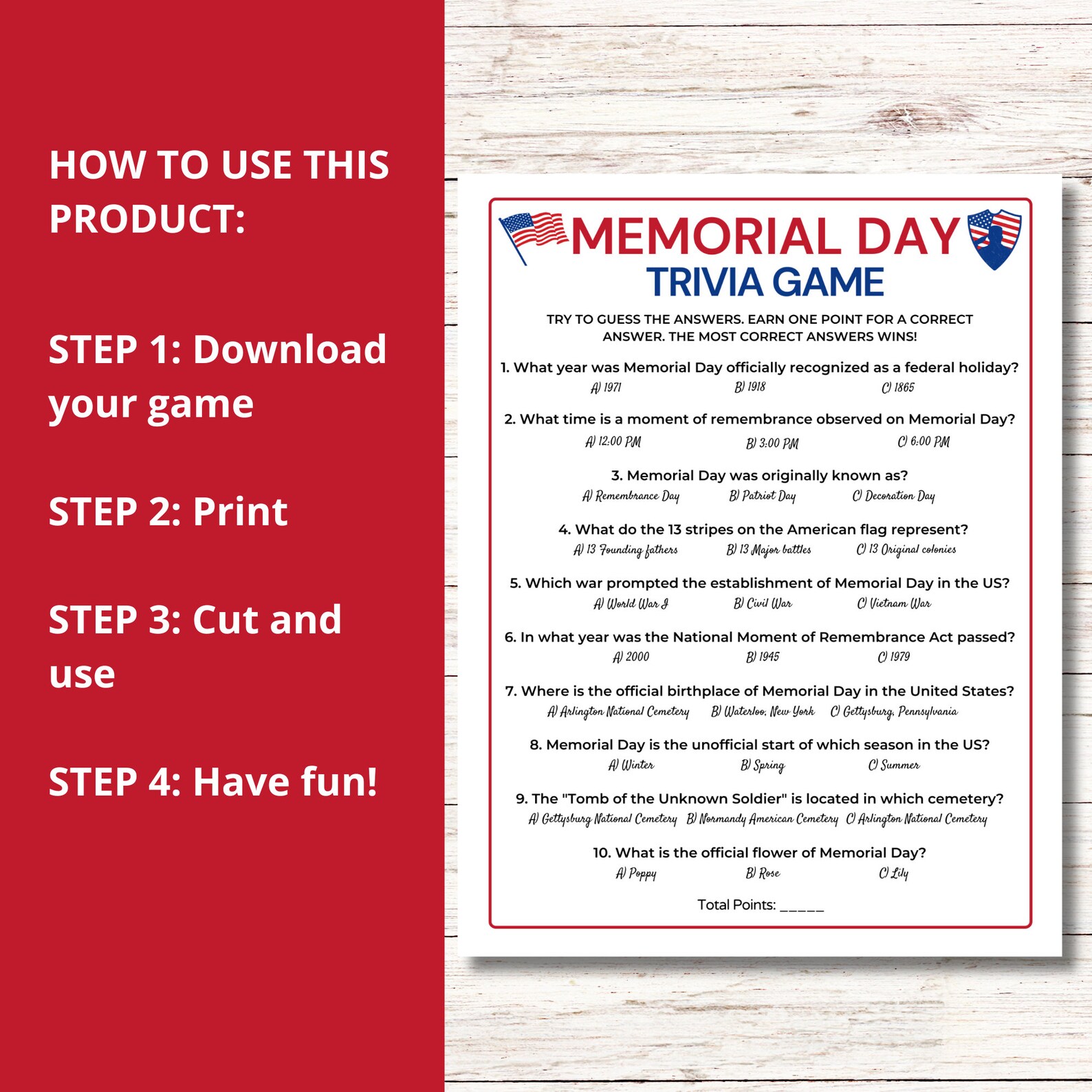 Memorial Day Trivia Game, Printable Memorial Day Game for Kids and ...