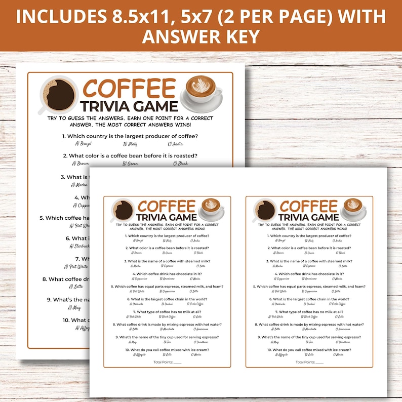 Coffee Trivia Game, Printable Coffee Game, Brunch Party Game for Adults ...
