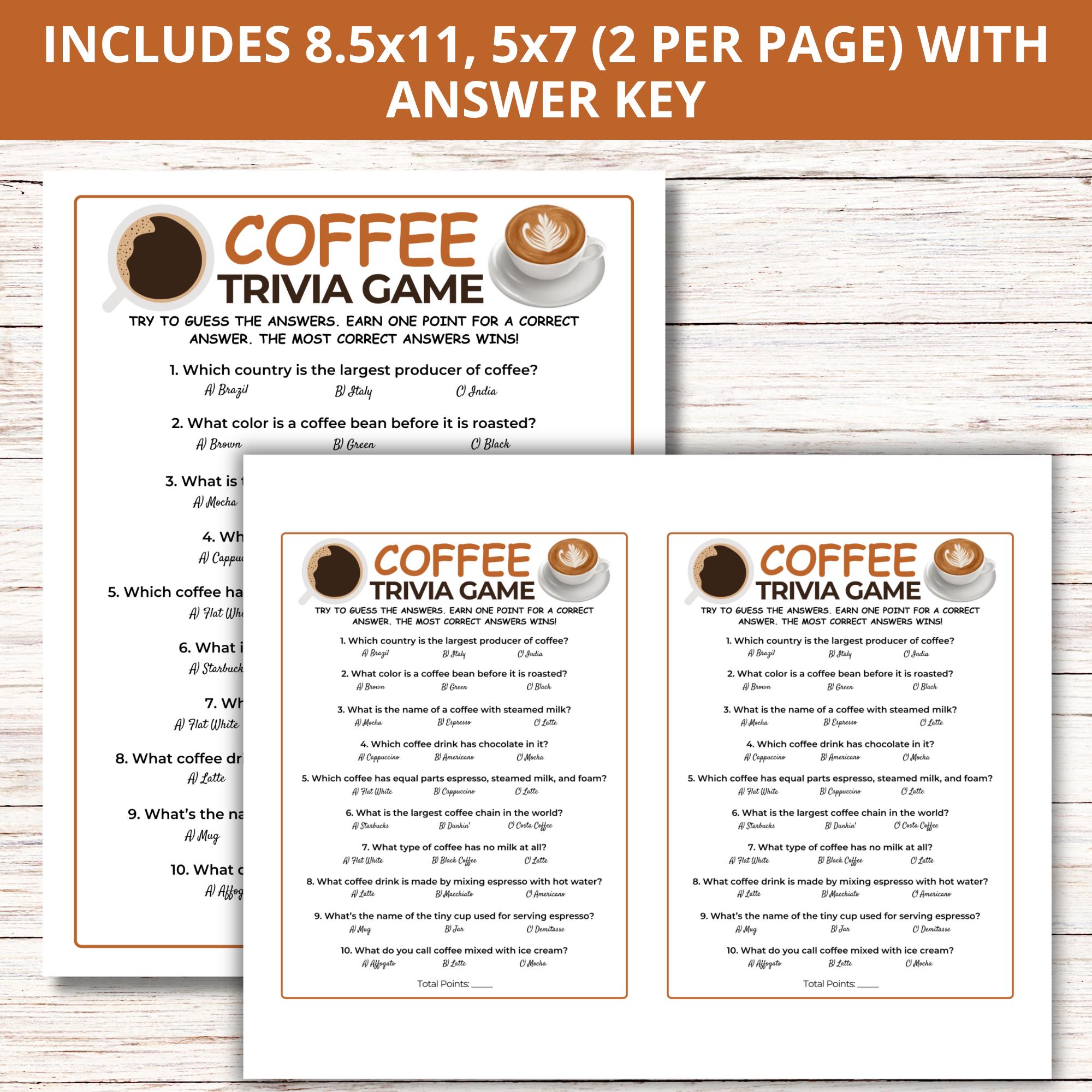 Coffee Trivia Game, Printable Coffee Game, Brunch Party Game for Adults ...
