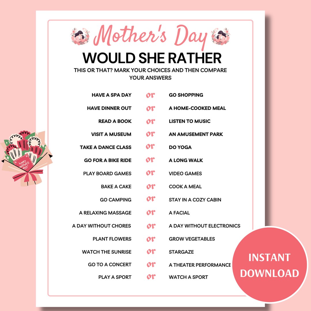 Mother's Day Would She Rather, Printable Mothers Day Games, This or ...