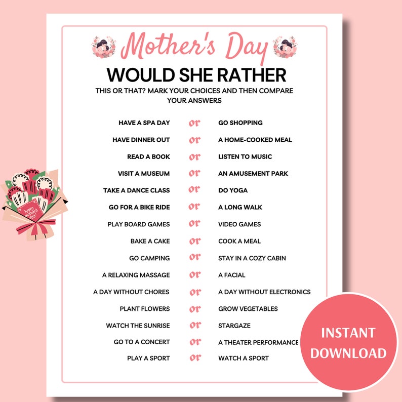 Mother's Day Would She Rather, Printable Mothers Day Games, This or ...
