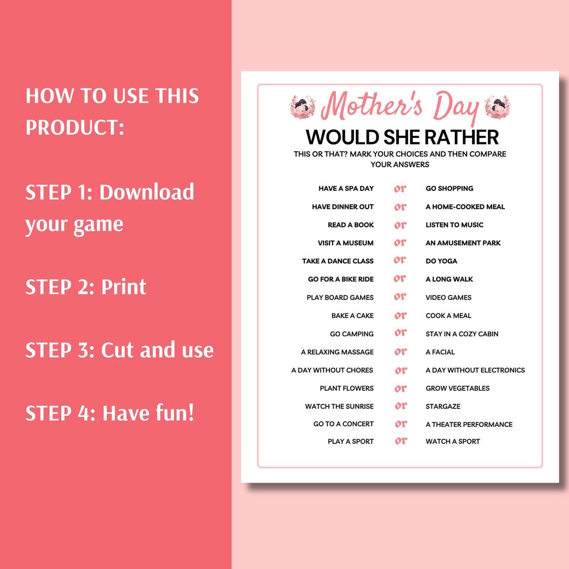 Mother's Day Would She Rather, Printable Mothers Day Games, This or ...