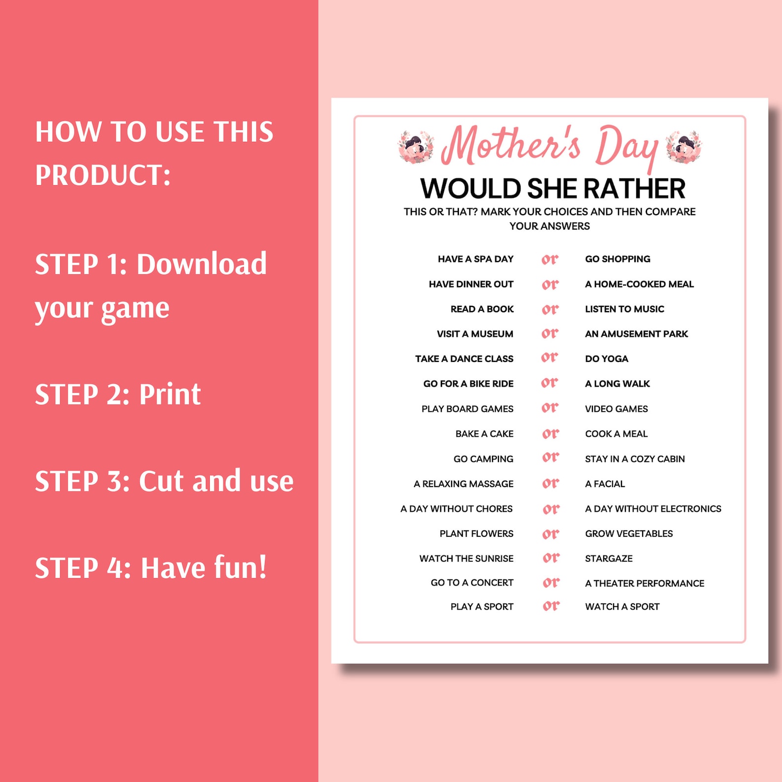 Mother's Day Would She Rather, Printable Mothers Day Games, This or ...