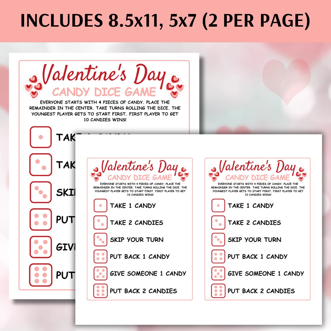 Valentine's Day Candy Dice Game, Printable Valentines Dice Game, Fun ...