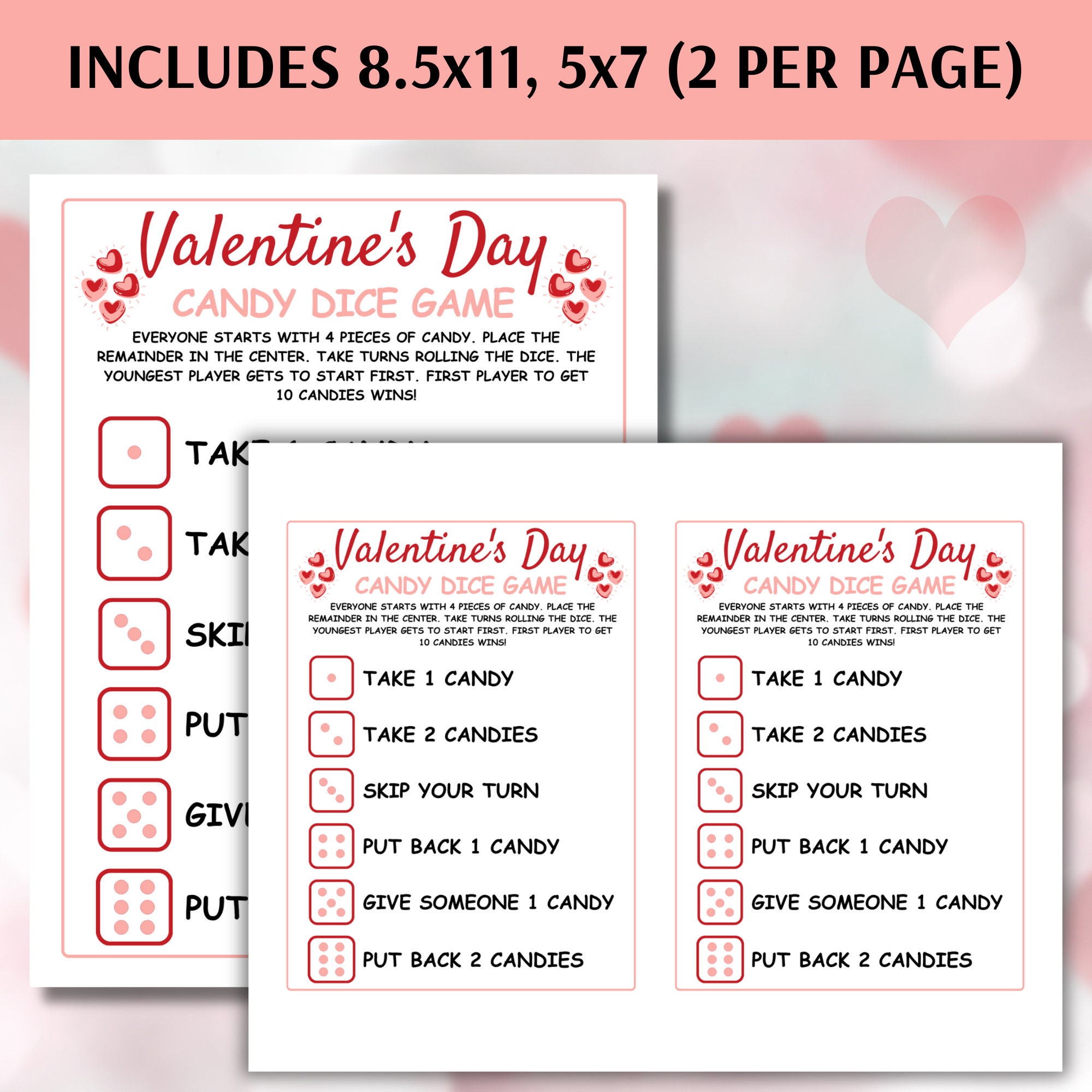 Valentine's Day Candy Dice Game, Printable Valentines Dice Game, Fun ...