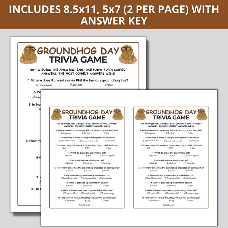 Groundhog Day Trivia Game, Printable Groundhog Day Activity, Fun ...