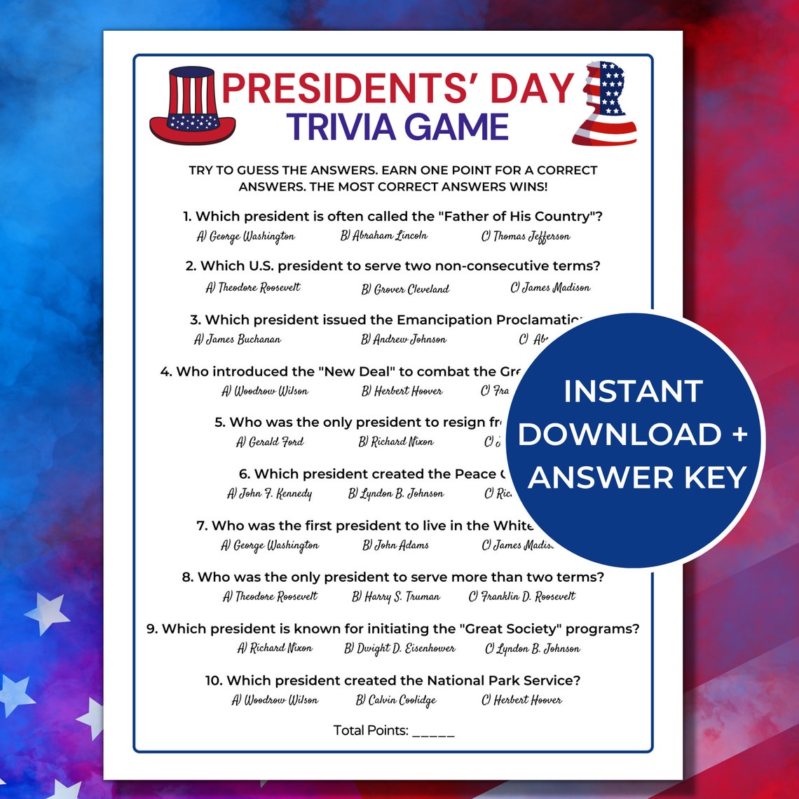 Presidents' Day Trivia Game, Printable Presidents Day Games, US ...