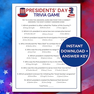 Presidents' Day Trivia Game, Printable Presidents Day Games, US ...