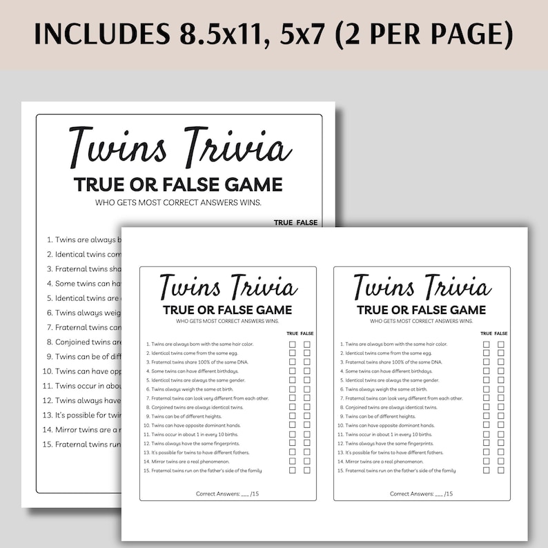 Twins Trivia Game, Printable Twin Baby Shower Game, Baby Shower True or ...