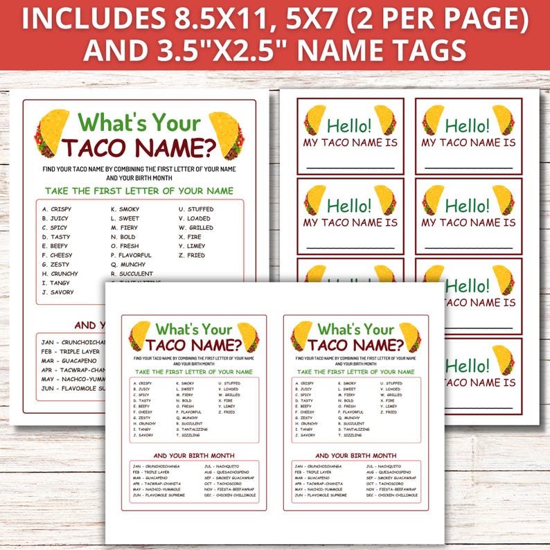 What's Your Taco Name Game With Name Tags, Printable Taco Name ...
