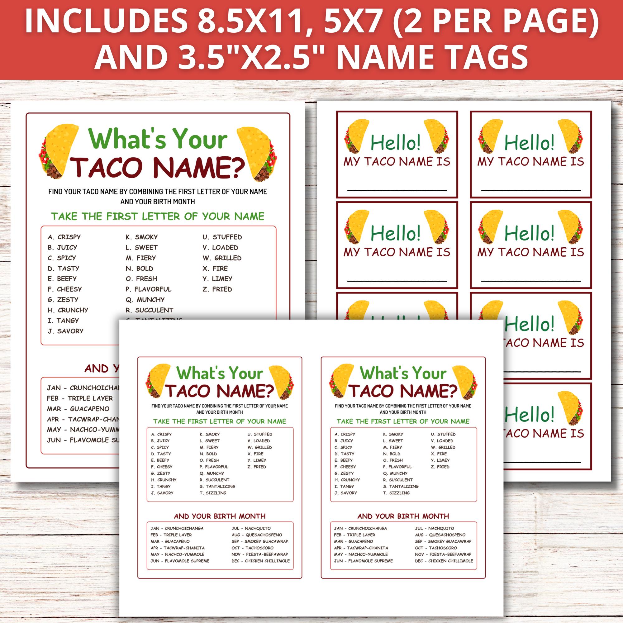 What's Your Taco Name Game With Name Tags, Printable Taco Name ...
