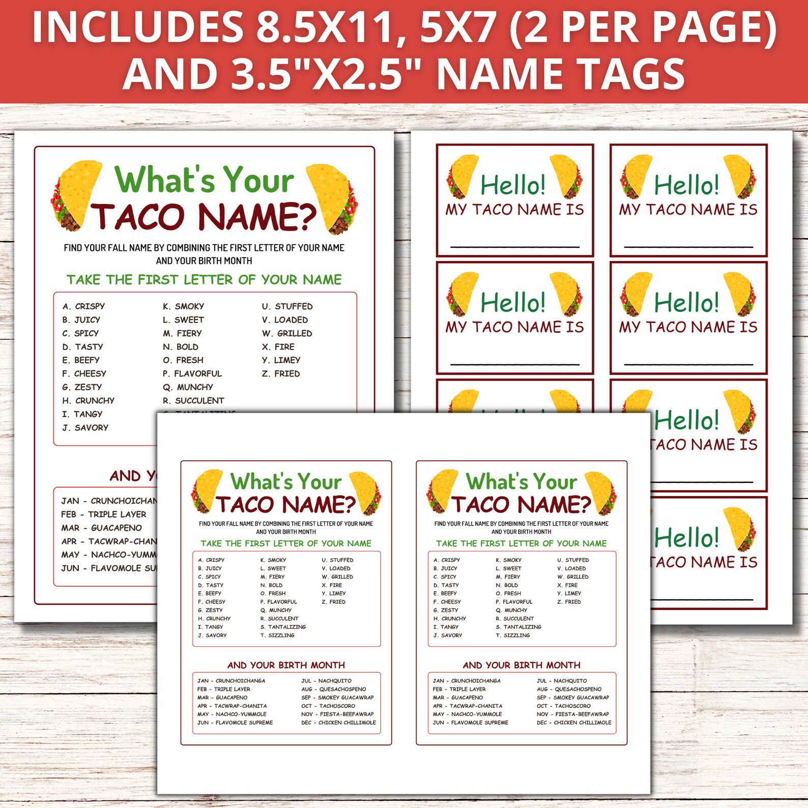 What's Your Taco Name Game With Name Tags, Printable Taco Name ...