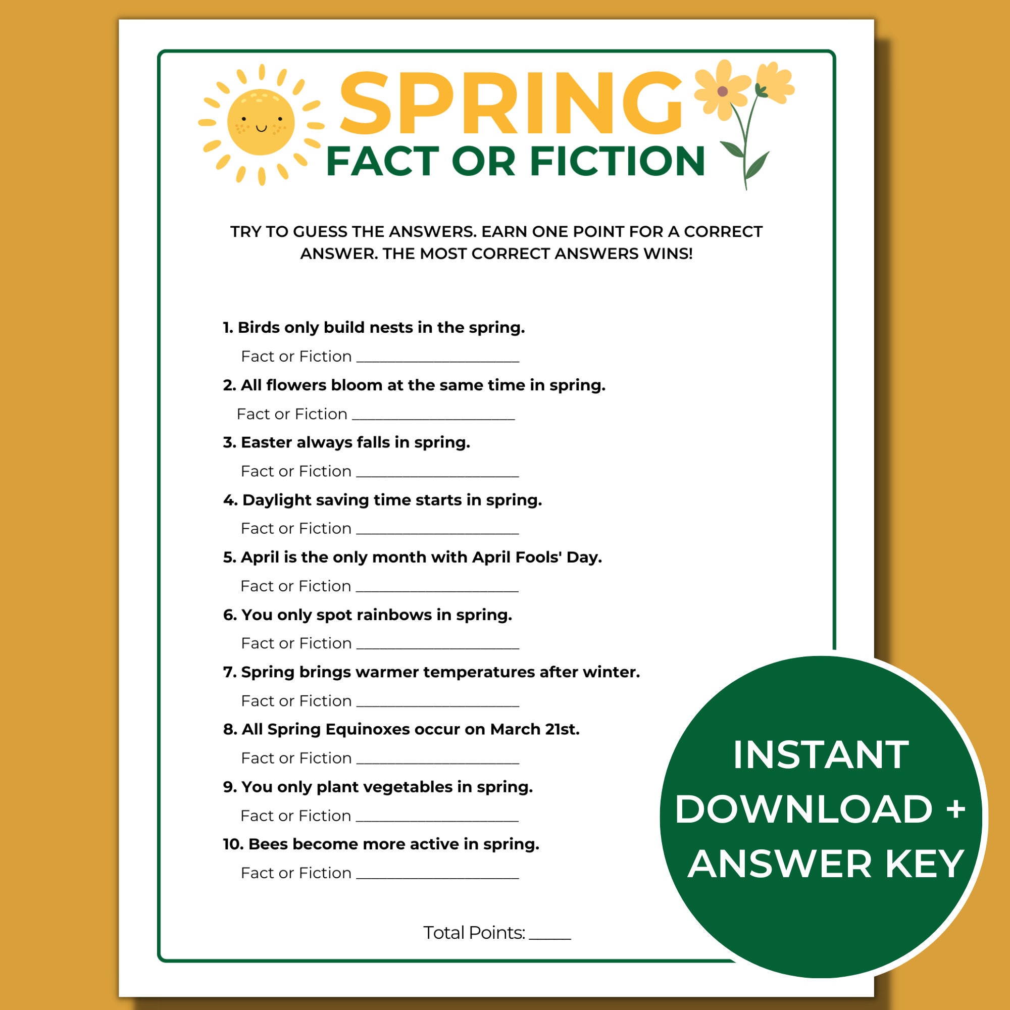 Spring Fact or Fiction Game, Printable Spring Games, Spring True or ...