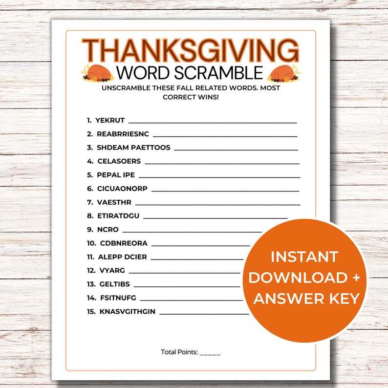 Thanksgiving Word Scramble Game, Printable Thanksgiving Games for ...