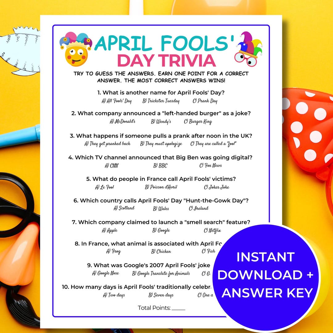 April Fools' Day Trivia Game, Printable April Fools Day Game, Fun April ...