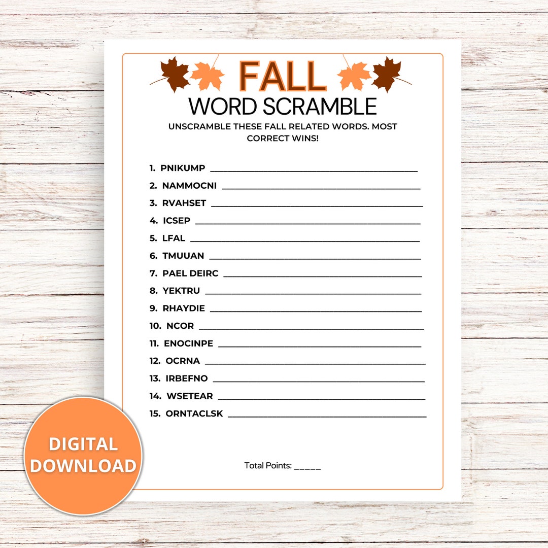 Fall Word Scramble Game Printable Games for Adults and Kids - Etsy