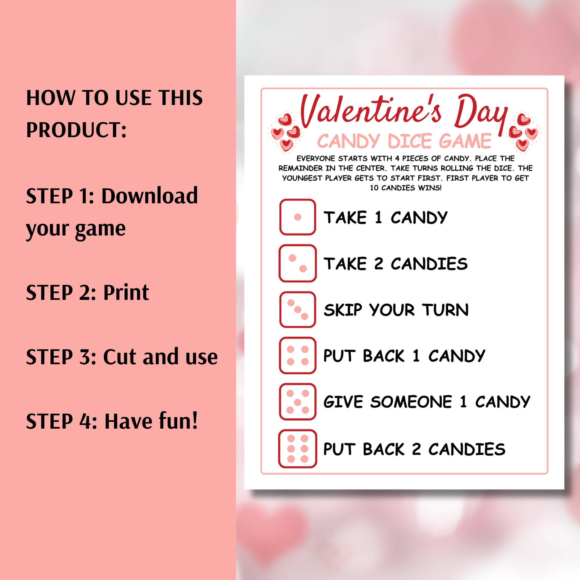 Valentine's Day Candy Dice Game, Printable Valentines Dice Game, Fun ...