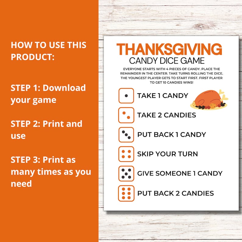 Thanksgiving Candy Dice Game, Kids Printable Game, Candy Game for Kids ...