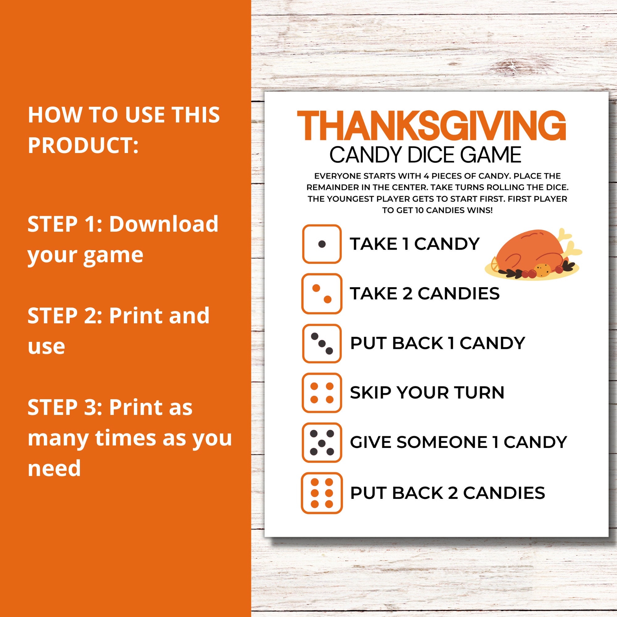 Thanksgiving Candy Dice Game, Kids Printable Game, Candy Game for Kids ...