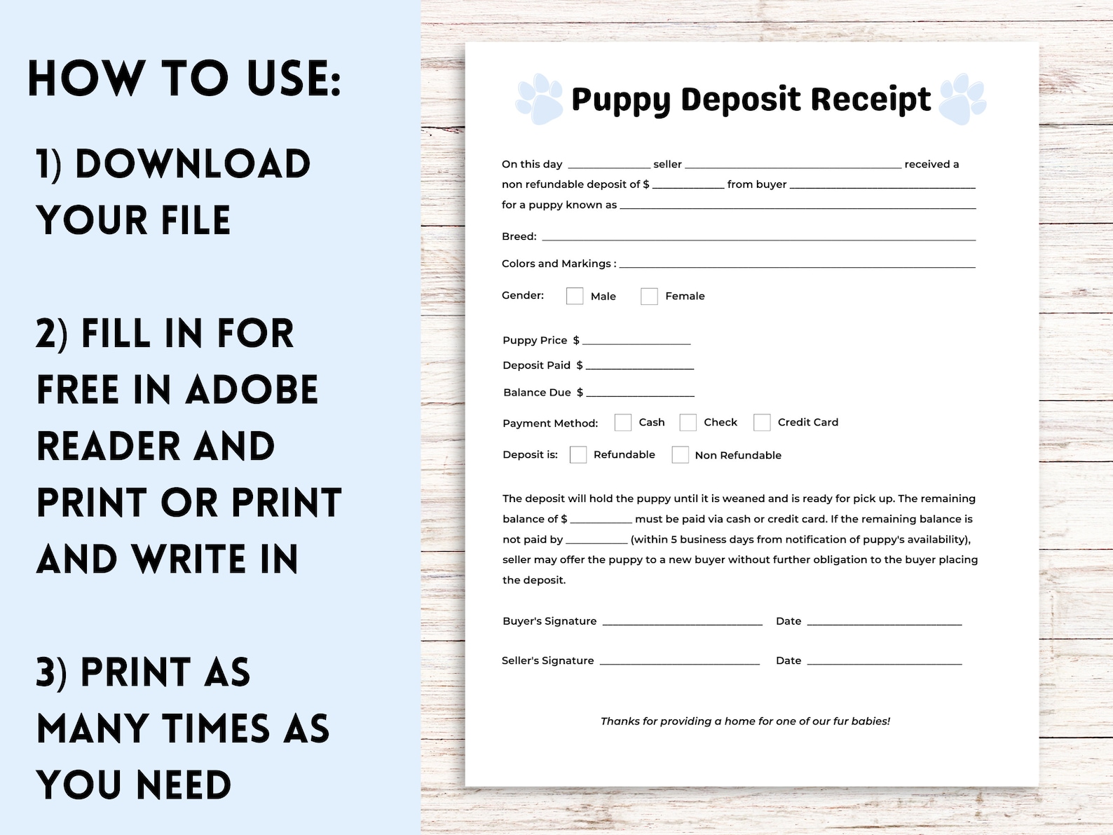 Puppy Deposit Receipt, Fillable Puppy Deposit Form, Dog Breeder Forms ...