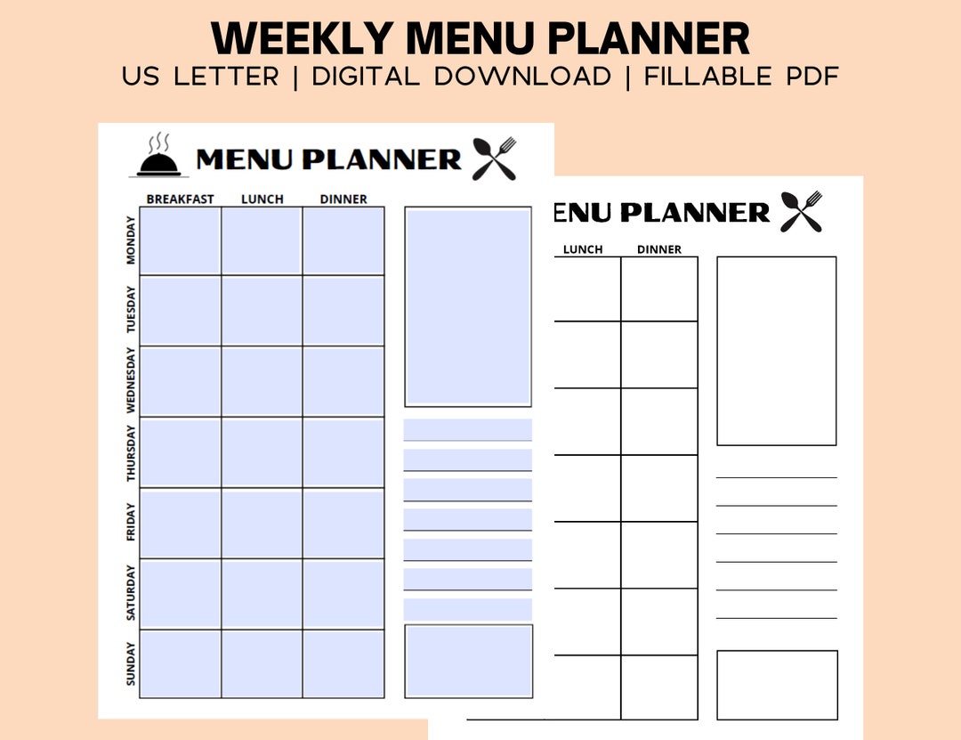 Weekly Menu Planner Printable, Meal Planner Fillable PDF, Editable Meal ...