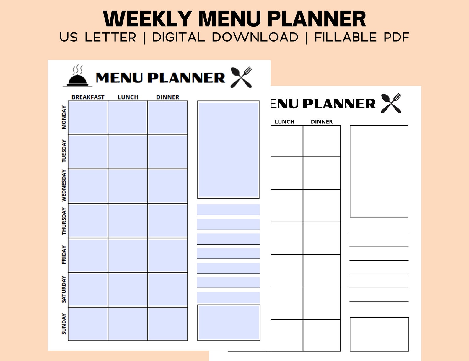 Weekly Menu Planner Printable, Meal Planner Fillable PDF, Editable Meal ...