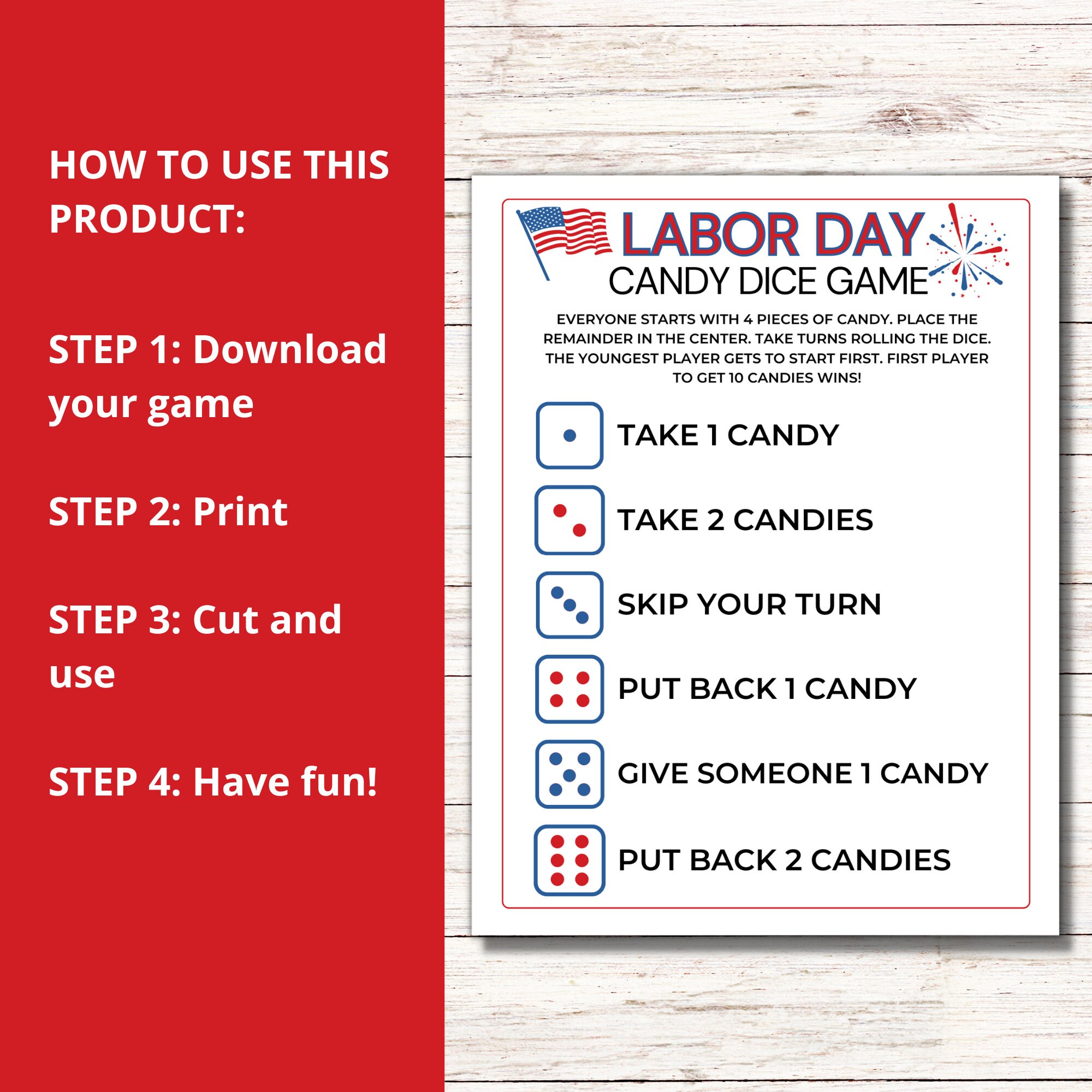 Labor Day Candy Dice Game, Printable Labor Day Party Game, Patriotic ...