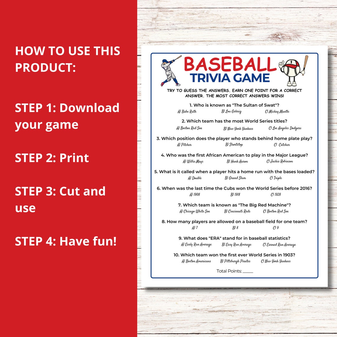 Baseball Trivia Game, Printable Baseball Team Party Games for Kids and ...