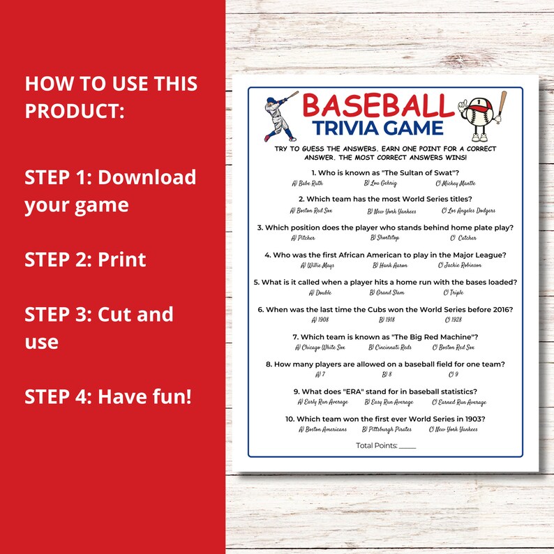 Baseball Trivia Game, Printable Baseball Team Party Games for Kids and ...