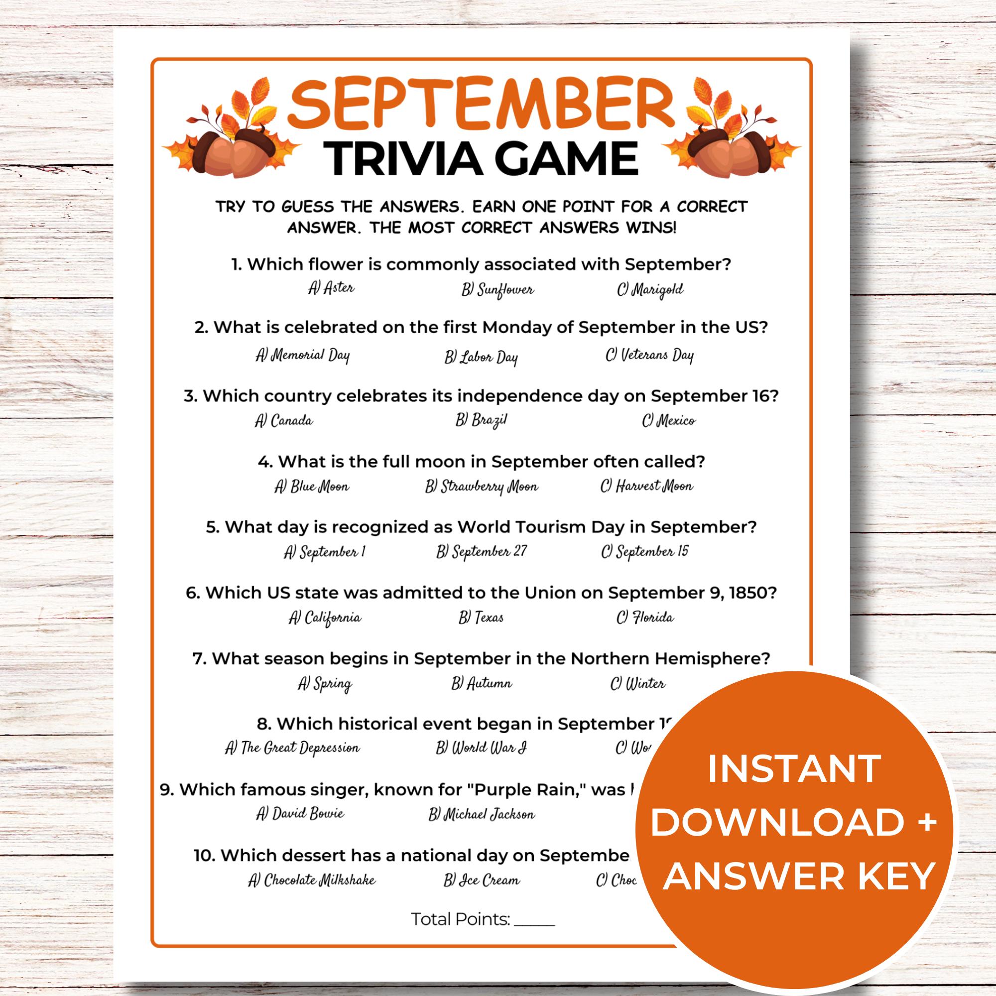 September Trivia Game, Printable September Quiz, Fall Party Games, Fall ...
