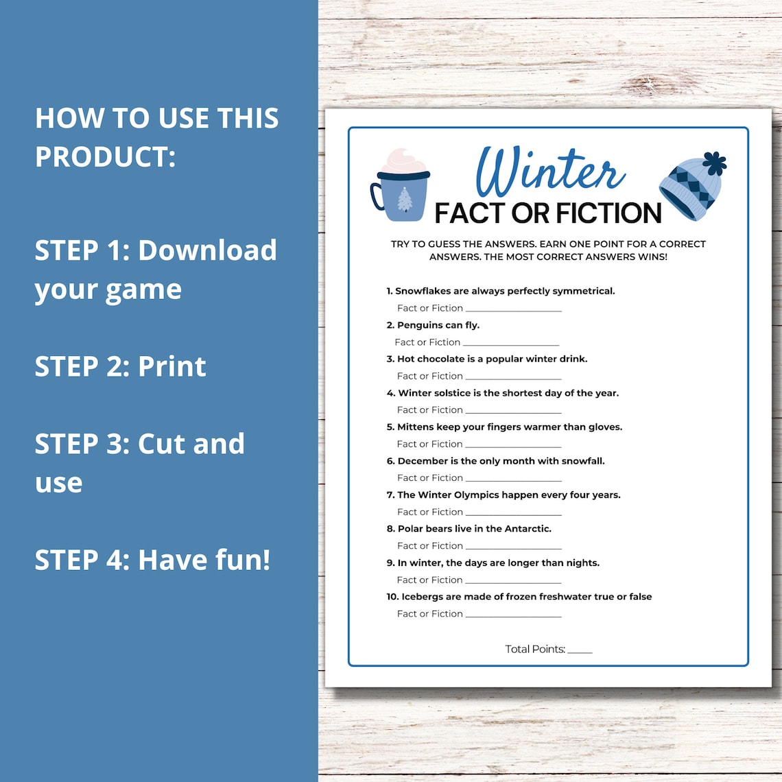 Winter Fact or Fiction Game, Printable Winter Games, True or False ...