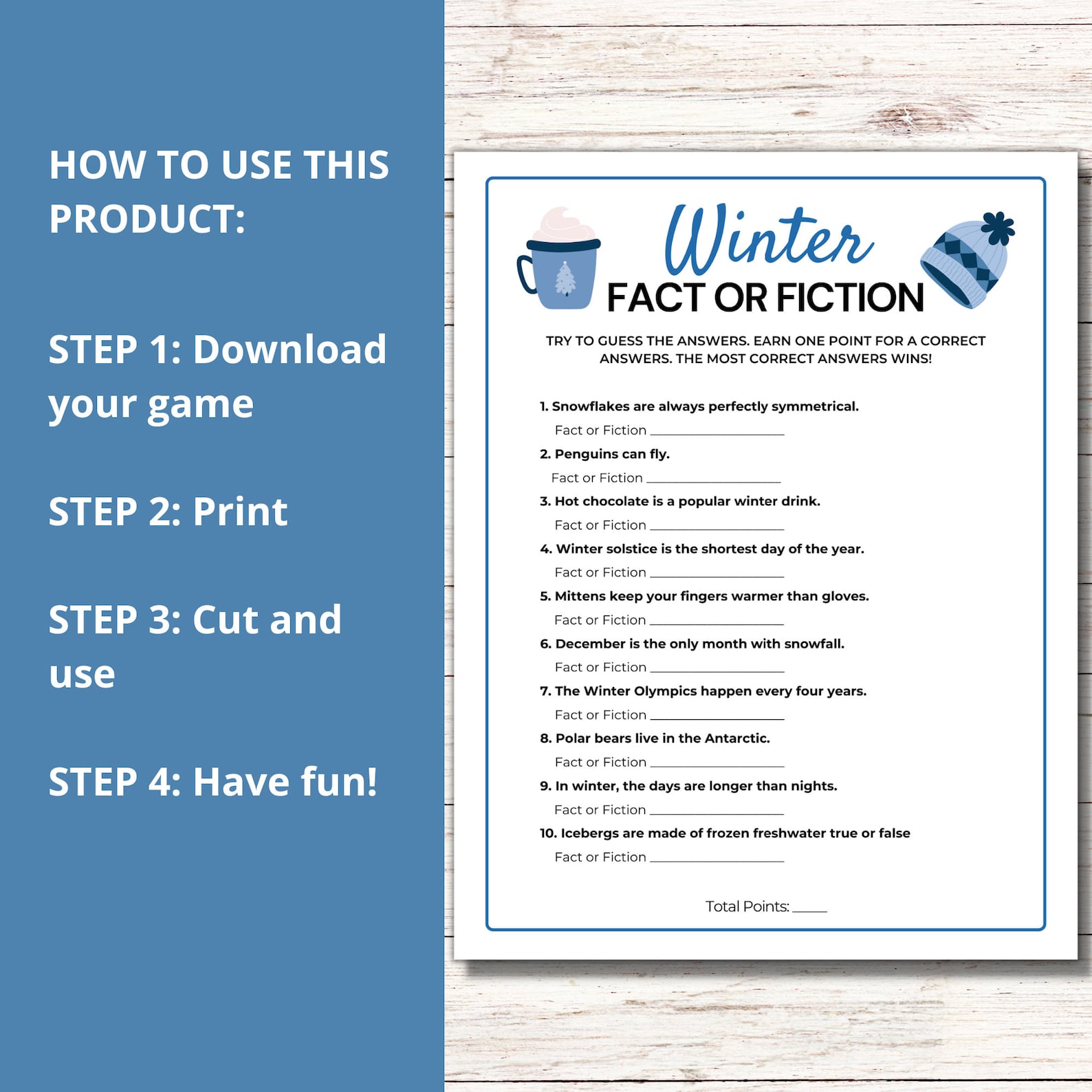 Winter Fact or Fiction Game, Printable Winter Games, True or False ...