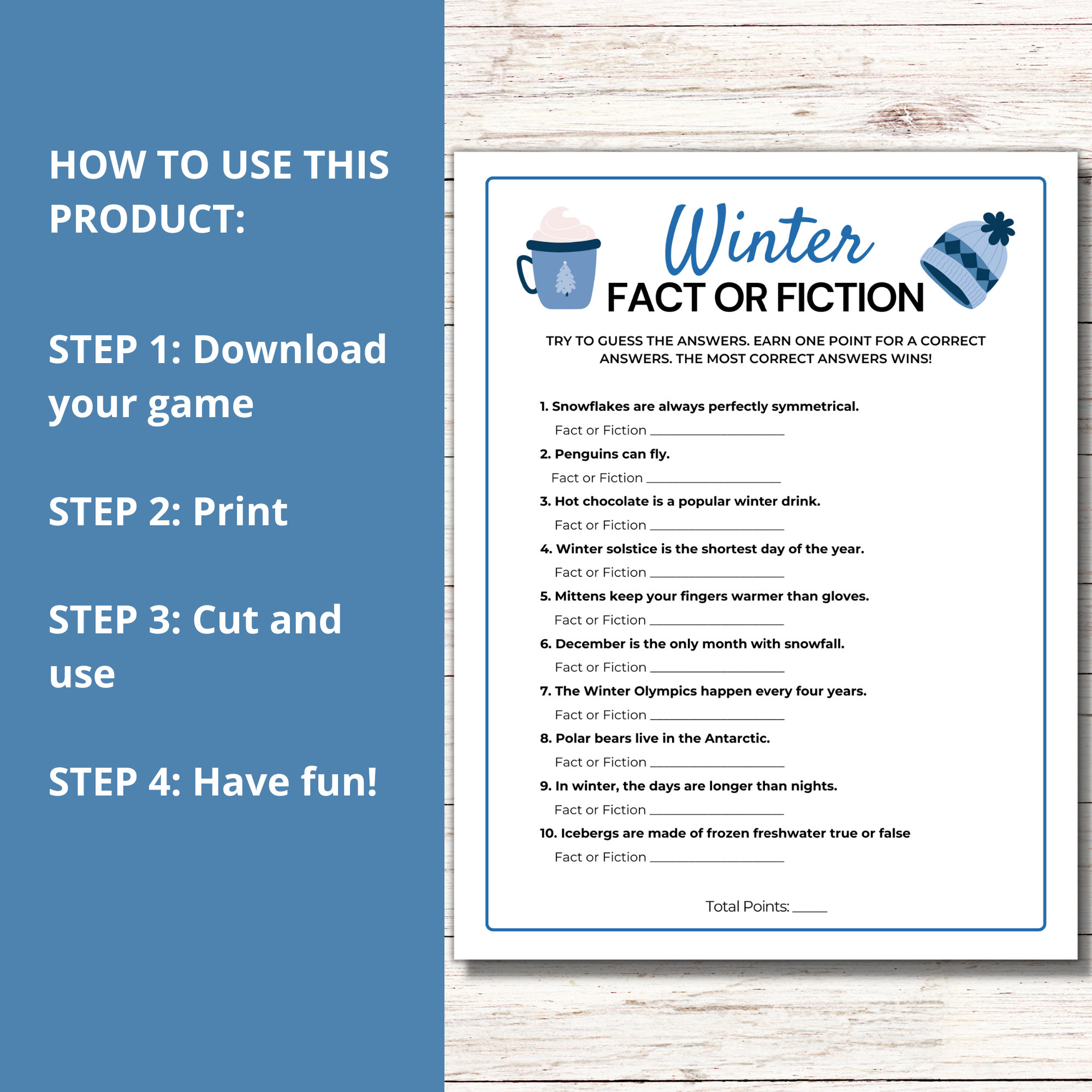 Winter Fact or Fiction Game, Printable Winter Games, True or False ...