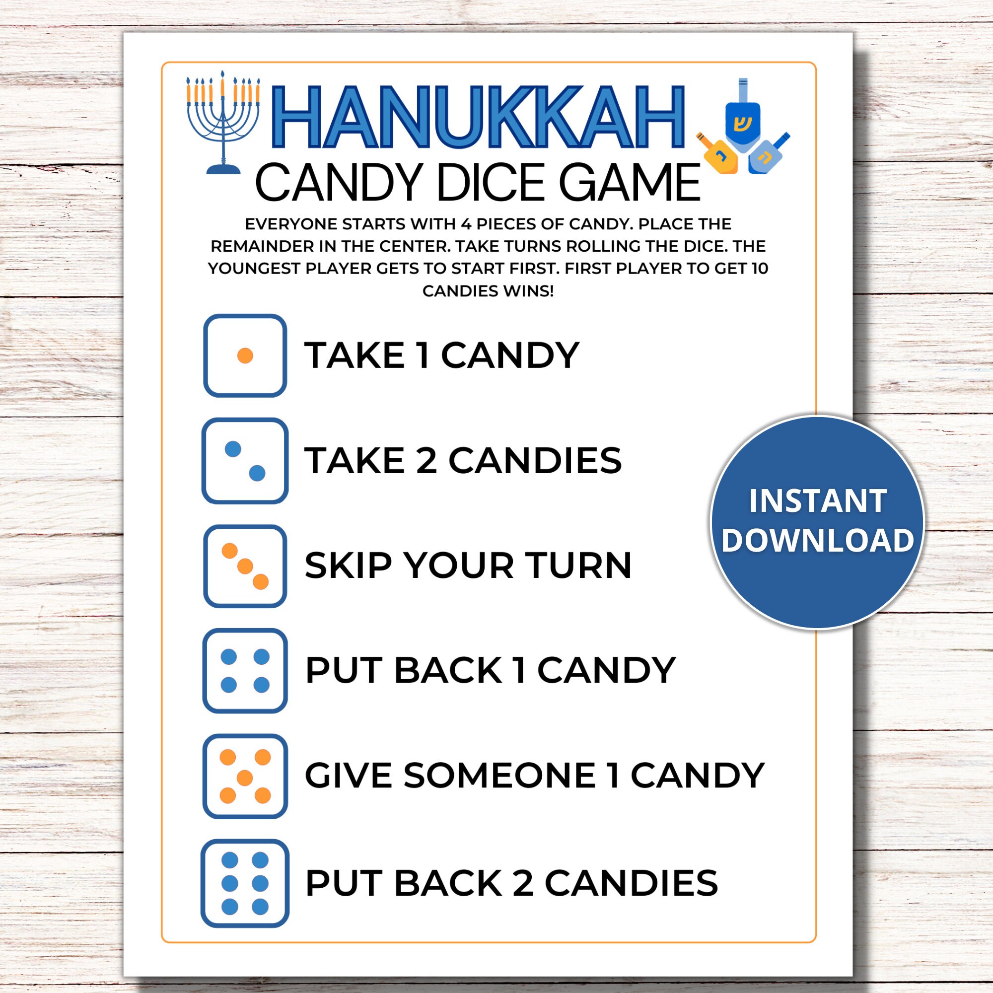 Hanukkah Candy Dice Game, Printable Hanukkah Dice Game, Candy Game for ...