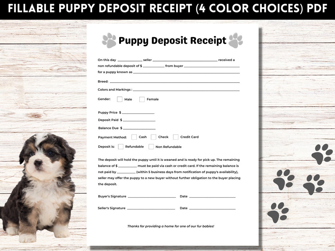 Puppy Deposit Receipt, Fillable Puppy Deposit Form, Dog Breeder Forms ...
