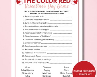 Valentine's Day the Color Red Game, Valentine's Trivia Game, Printable ...