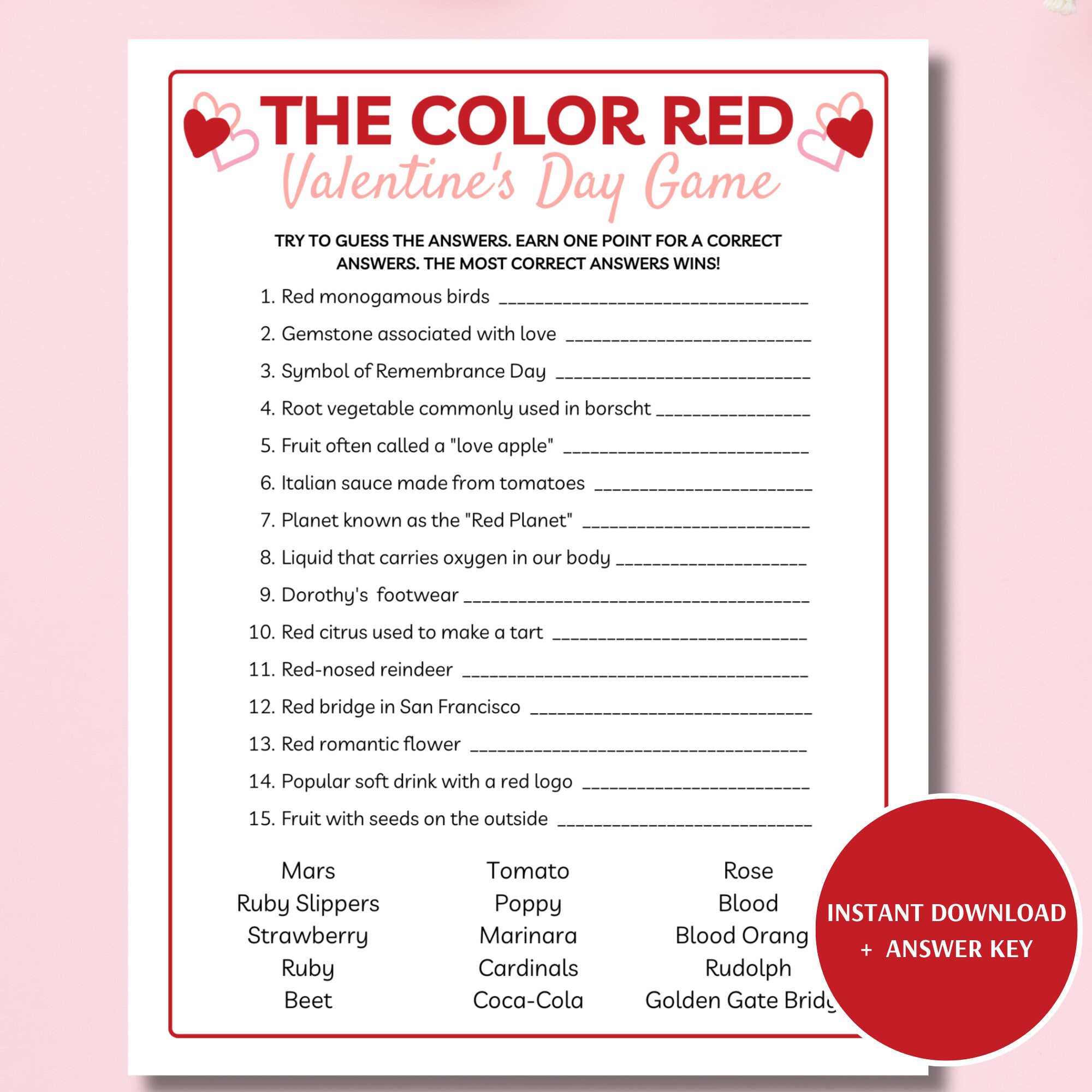 The Color Red Game, Valentine's Day Trivia Game, Printable Valentine's ...
