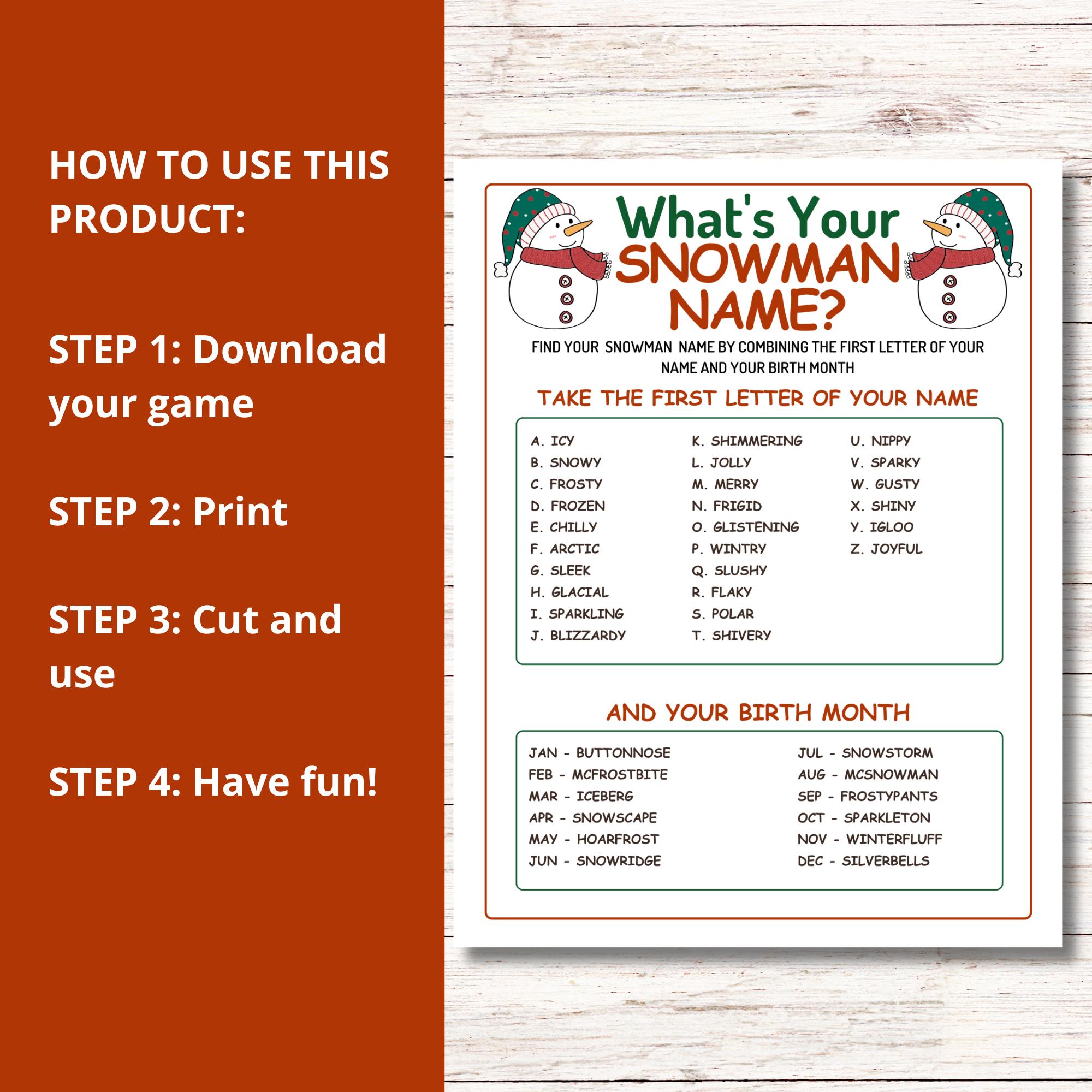What's Your Snowman Name Game, Printable Snowman Name Generator Game ...