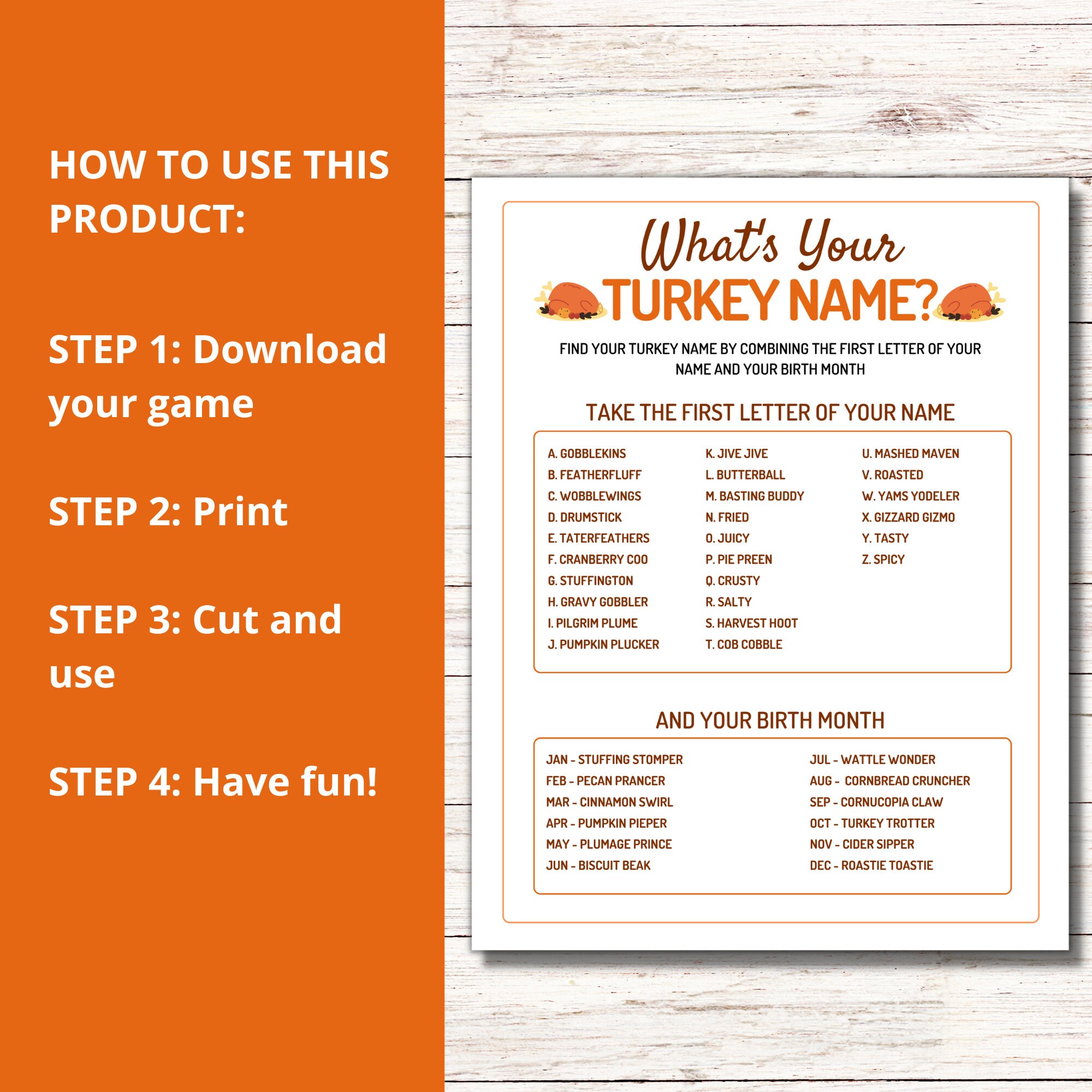 Thanksgiving What's Your Turkey Name Game, Printable Thanksgiving Party ...