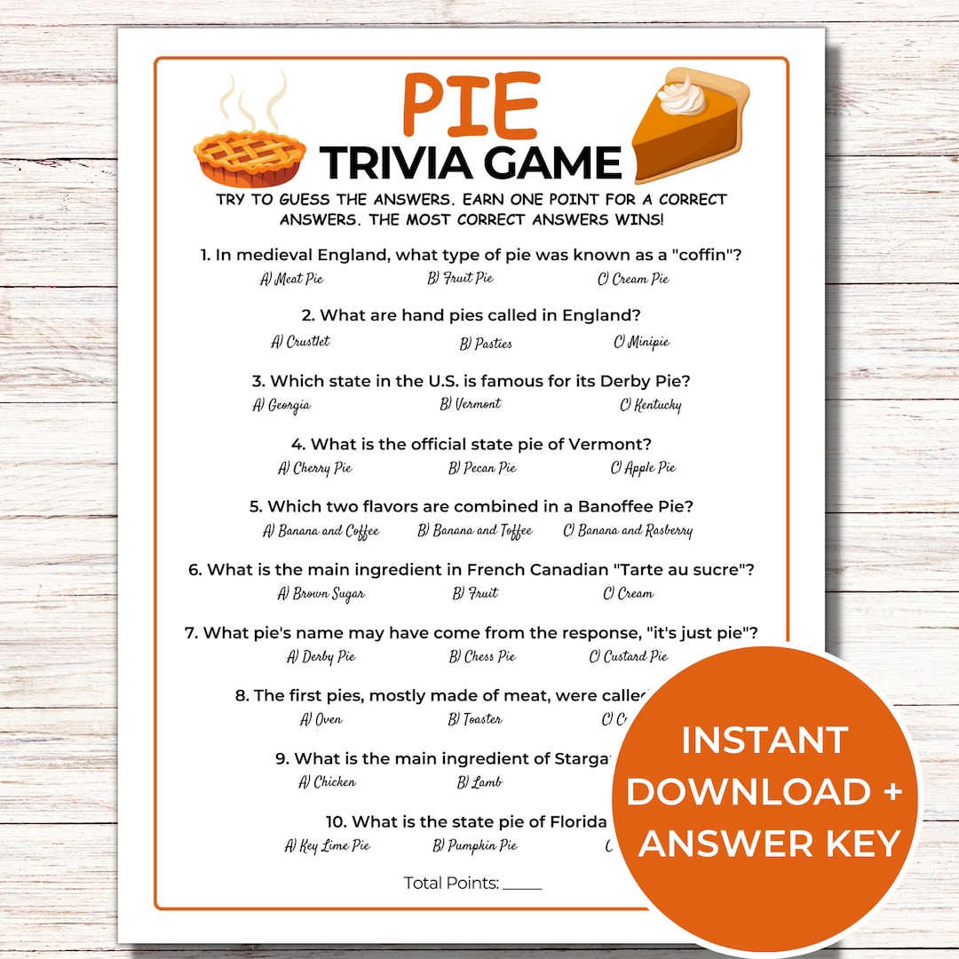 Pie Trivia Game, Printable Pie Trivia, Dessert Trivia, Food Trivia - Etsy